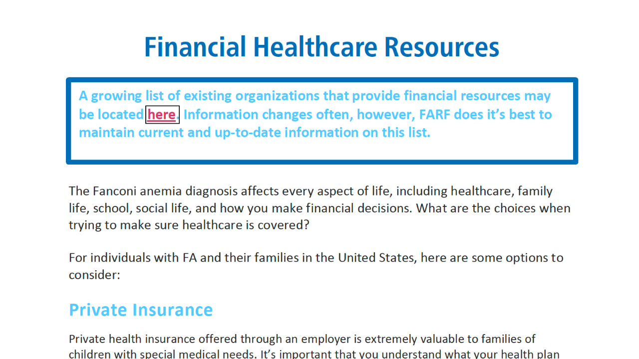 Financial and Healthcare Resources - Fanconi Cancer Foundation